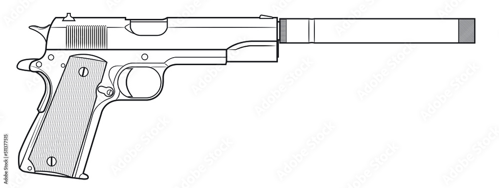 Vector illustration of the Colt 1911 automatic pistol with silencer on ...
