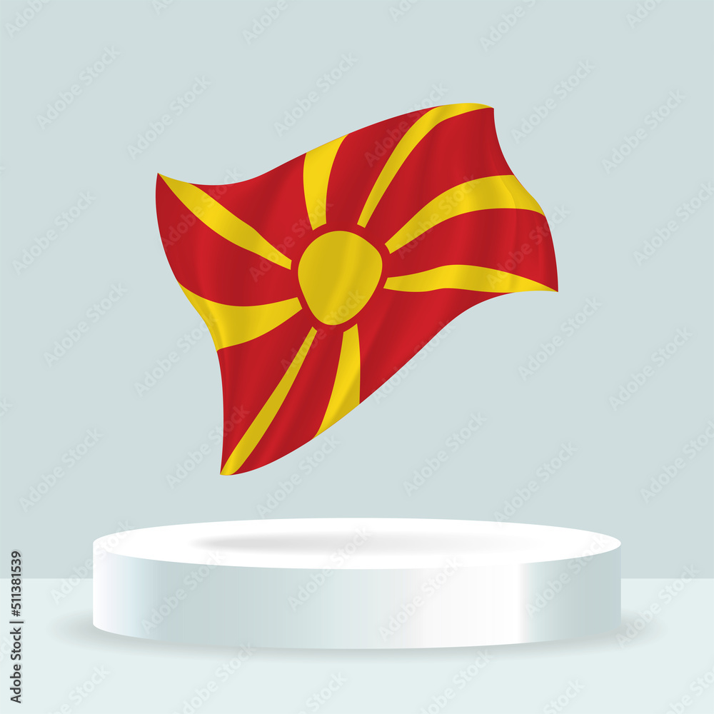 Macedonia flag. 3d rendering of the flag displayed on the stand. Waving ...