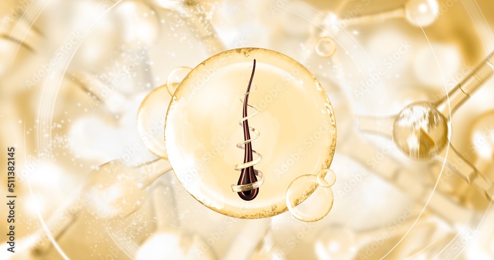 3d illustration of a hair with a golden liquid around on the background ...
