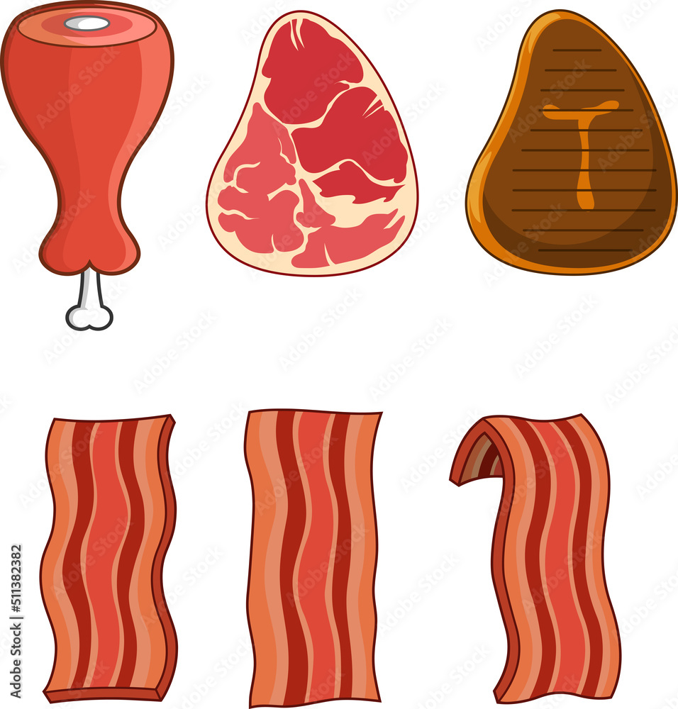 Cartoon Different Meats. Vector Hand Drawn Collection Set Isolated On ...
