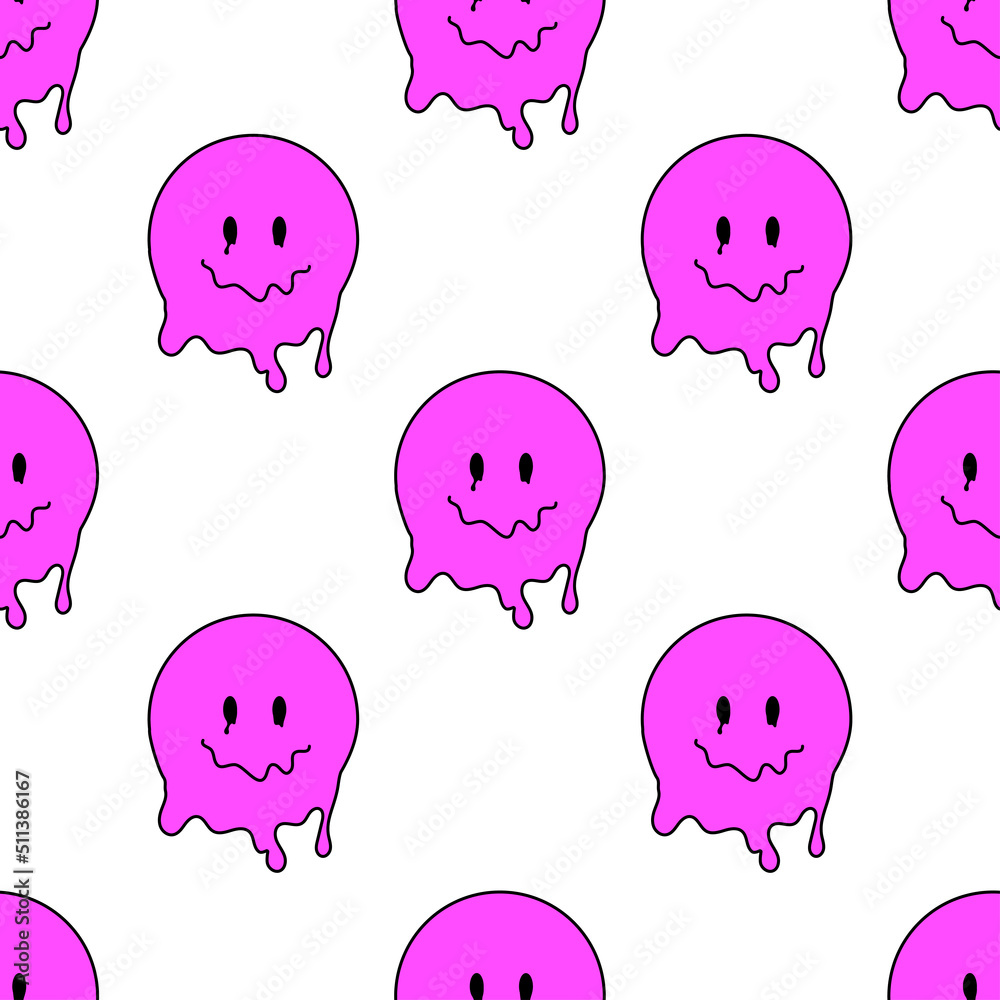 Funny smile dope faces seamless pattern. psychedelic surreal techno ...