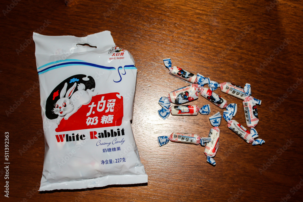 Top view of White Rabbit Creamy Candy which is a brand of milk candy ...