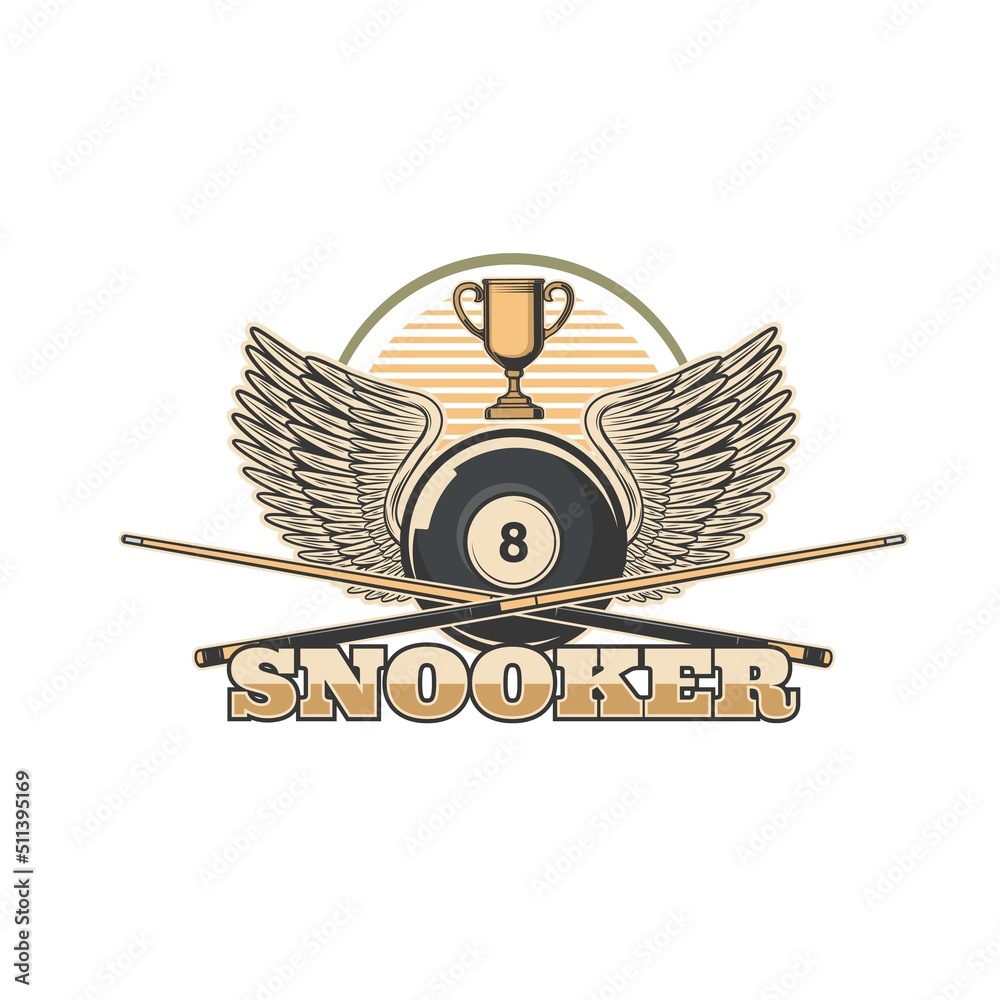 Snooker icon of vector sport game cues and balls with wings ...