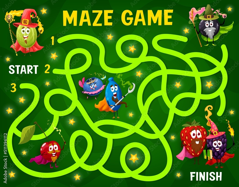 Labyrinth maze, cartoon berry wizard, mage and fairy characters, vector ...