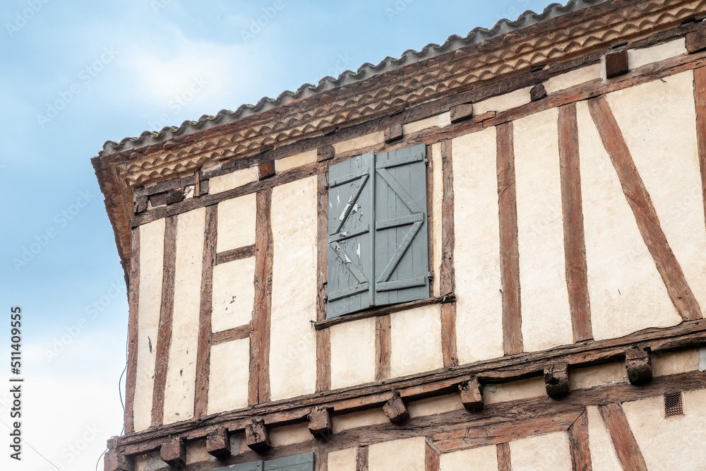 Facade of half timbered houses, medieval buildings, in a typical french ...