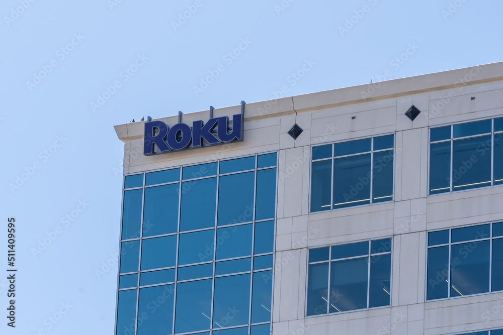 Austin, Texas, USA - March 18, 2022: Closeup of Roku logo sign on its ...