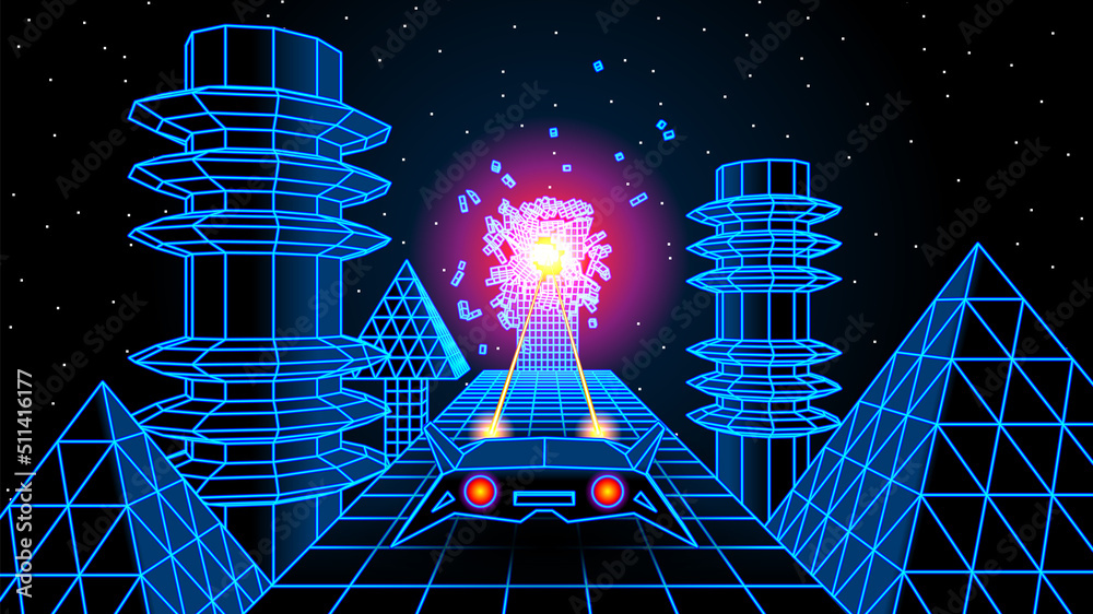 Arcade space ship flying over the road with 3D buildings, 80s style ...