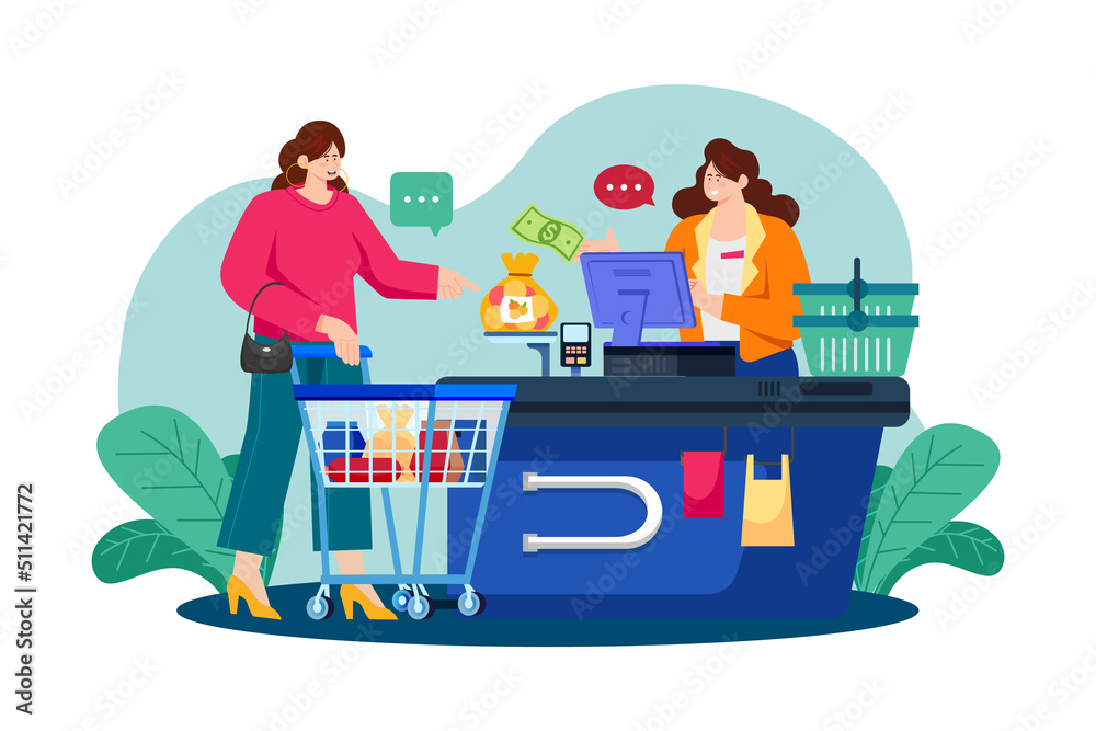 Girl doing payment at the checkout counter Stock Illustration | Adobe Stock