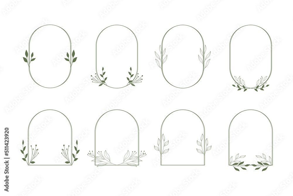 Set of Circle leaf frame. Minimalist rounded circle frame border leaf ...