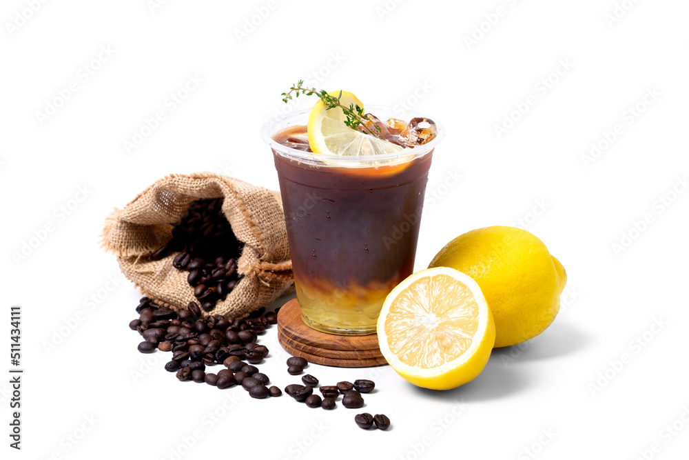 ice coffee lemon with lomon and coffee beans isolated on white ...