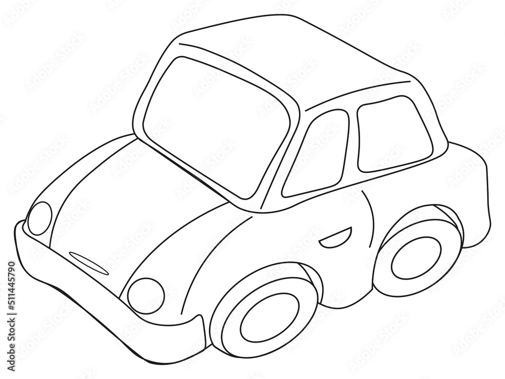 Toy car vector illustration. Black linear drawing on white background ...