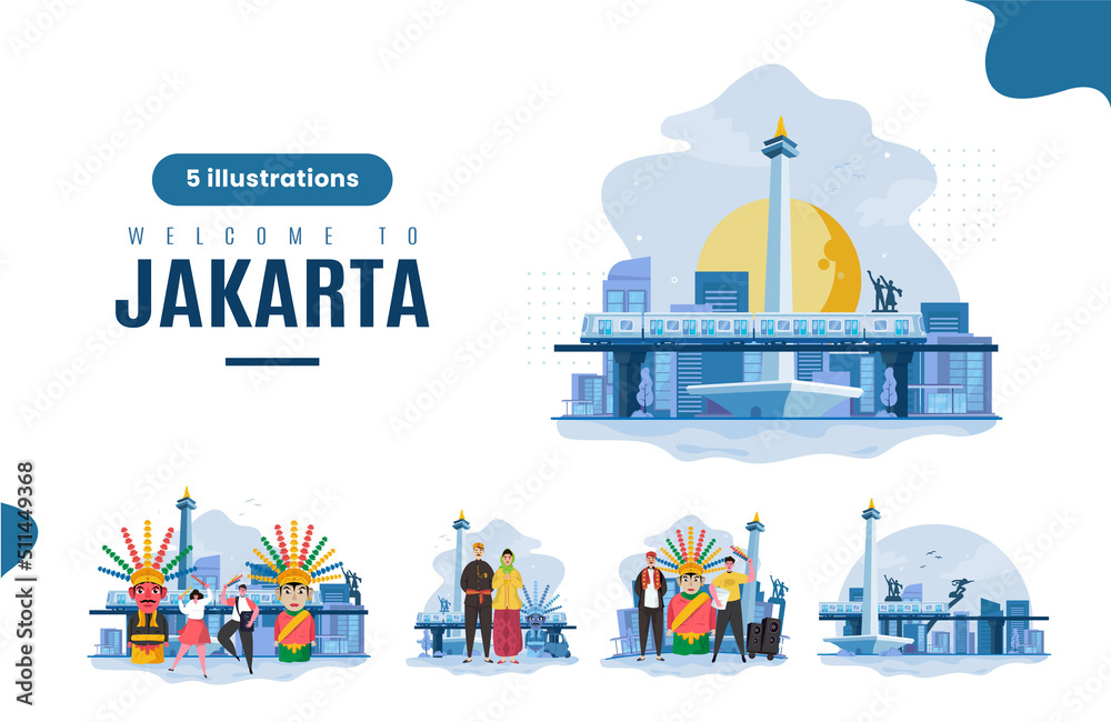 Welcome to Jakarta city flat illustration set Stock Vector | Adobe Stock