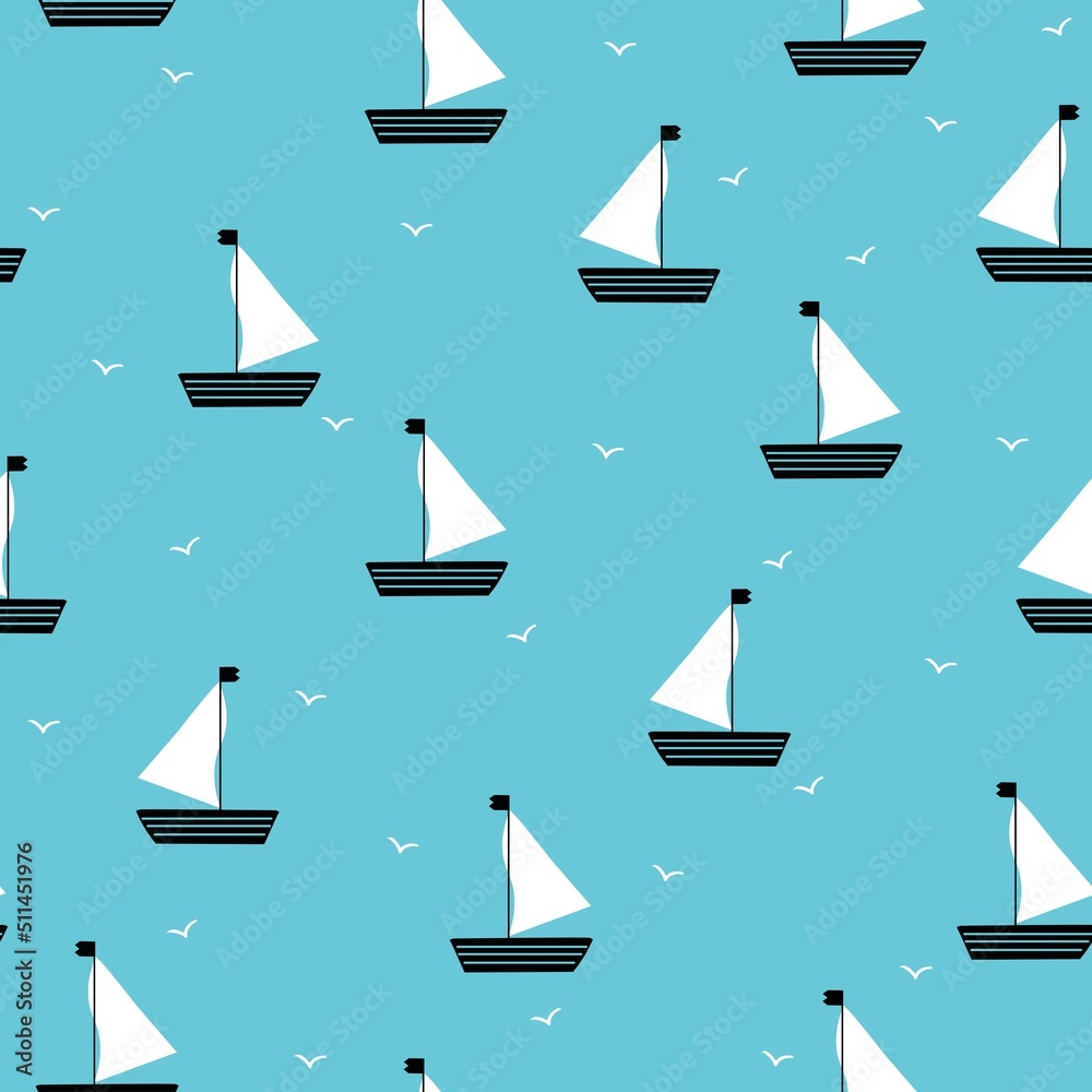 Seamless vector pattern of boats and seagulls. bright blue background ...