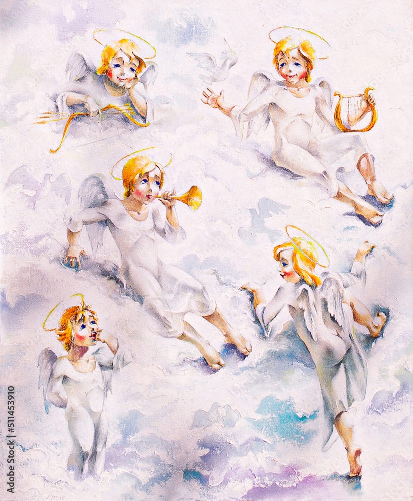 Poster angels in the sky in different poses, oil painting – Wall Art ...