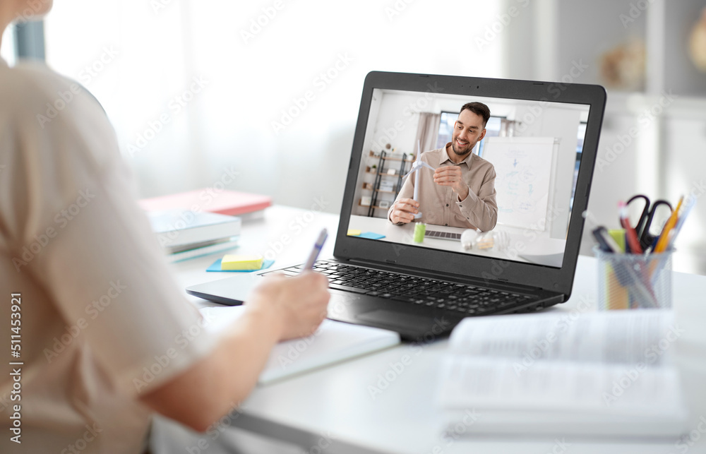 education, online school and distance learning concept - student woman ...