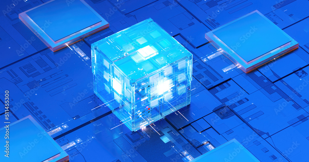 3D rendering of cyberpunk AI. Circuit board. Technology background ...
