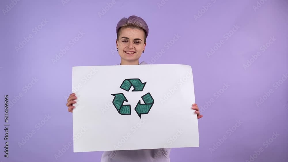 Charming young adult woman trendy short hairstyle holding poster with ...