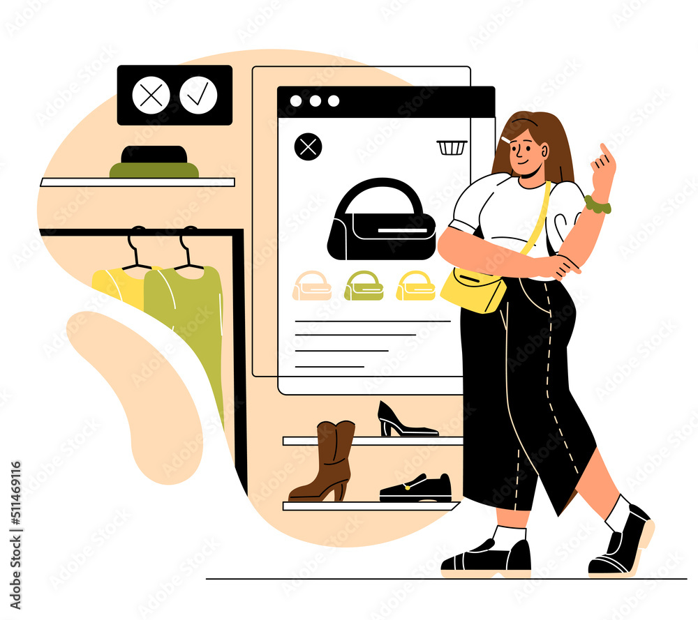 Basic human needs. Young girl chooses her bags and clothes in online ...