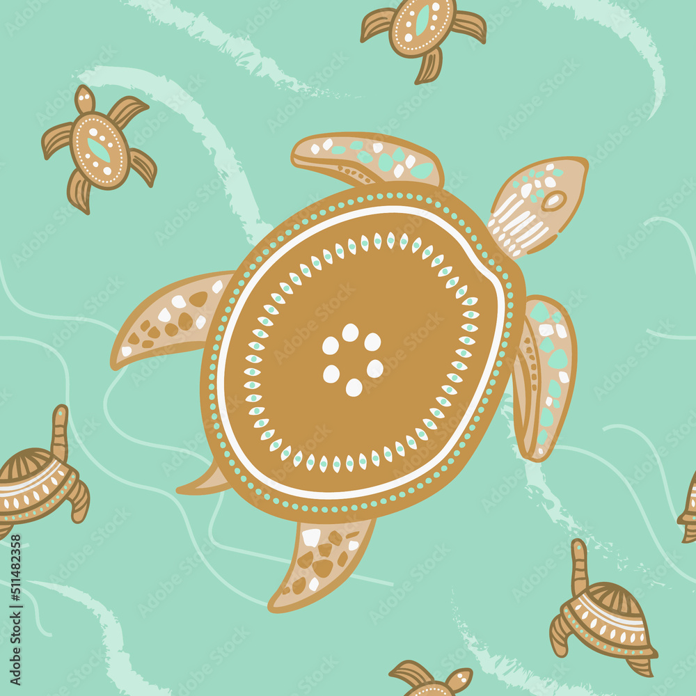 Vintage tortoises under the sea. Seamless pattern hand drawn styled ...