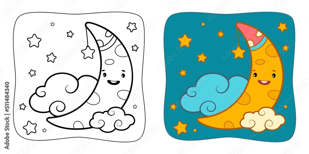 Coloring book or Coloring page for kids. Moon vector clipart. Nature ...