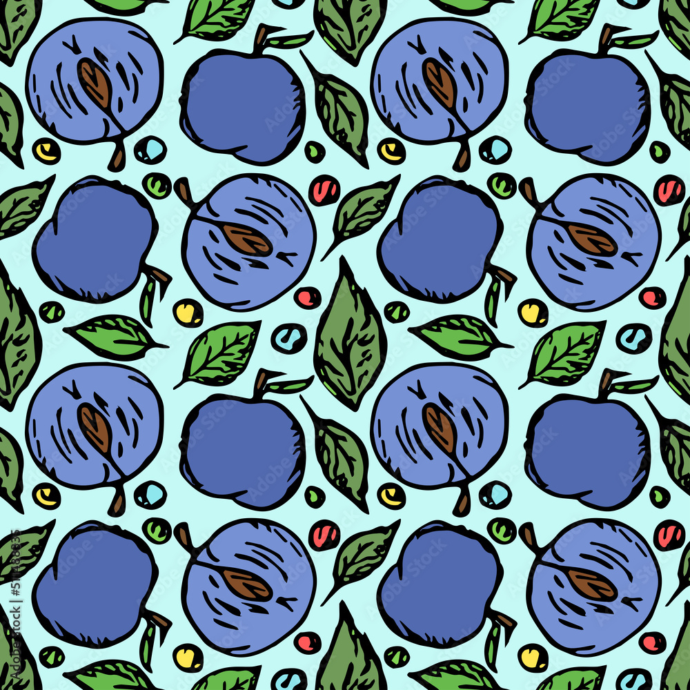 Seamless plum pattern. Colored plum background. Doodle vector ...