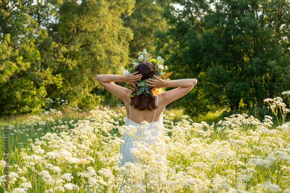 Beautiful Brunette Woman In Flower Wreath Summer Solstice Day