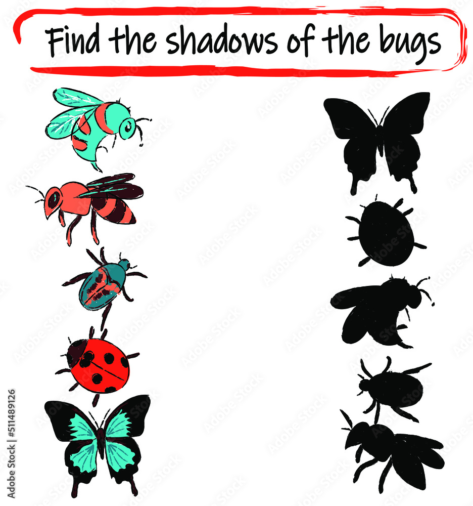 Tasks for children. Find the correct shadow. Cartoon beetles. Vector ...