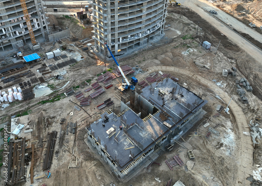 Formwork on Сonstruction site, aerial view. Monolithic slab foundation ...