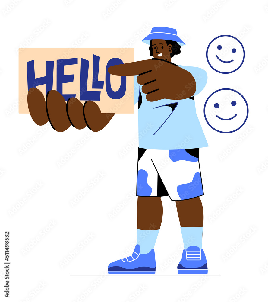 MBTI person concept. Myers Briggs personality typology. Man shows hello ...