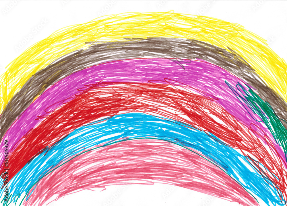 Rainbow, kids drawing with markers on white background Stock ...