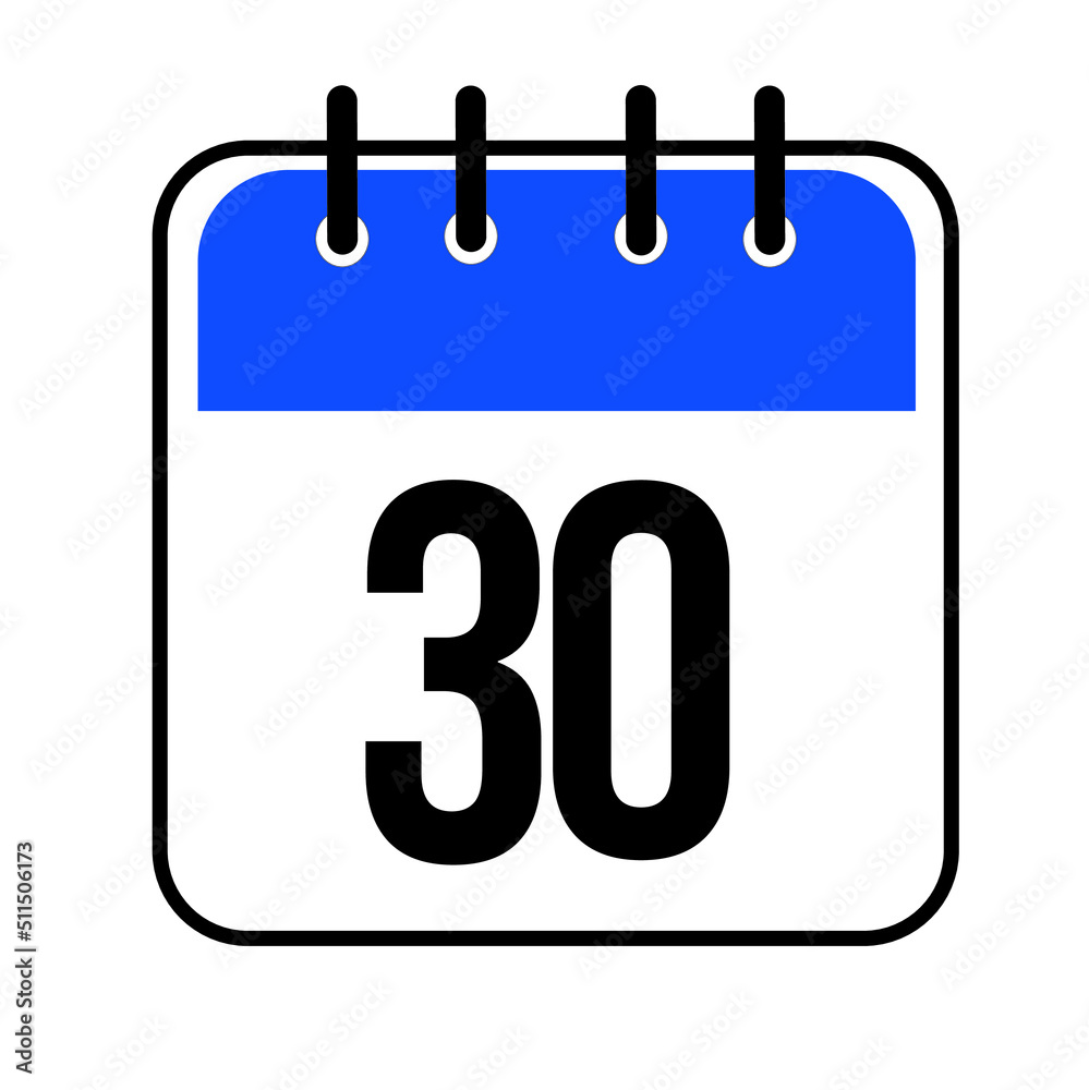 Calendar day 30. Number thirty on a white paper with blue border ...