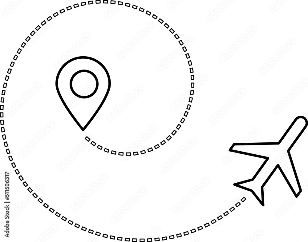 Plane and track icon on a white background. Aircraft trail with dotted ...