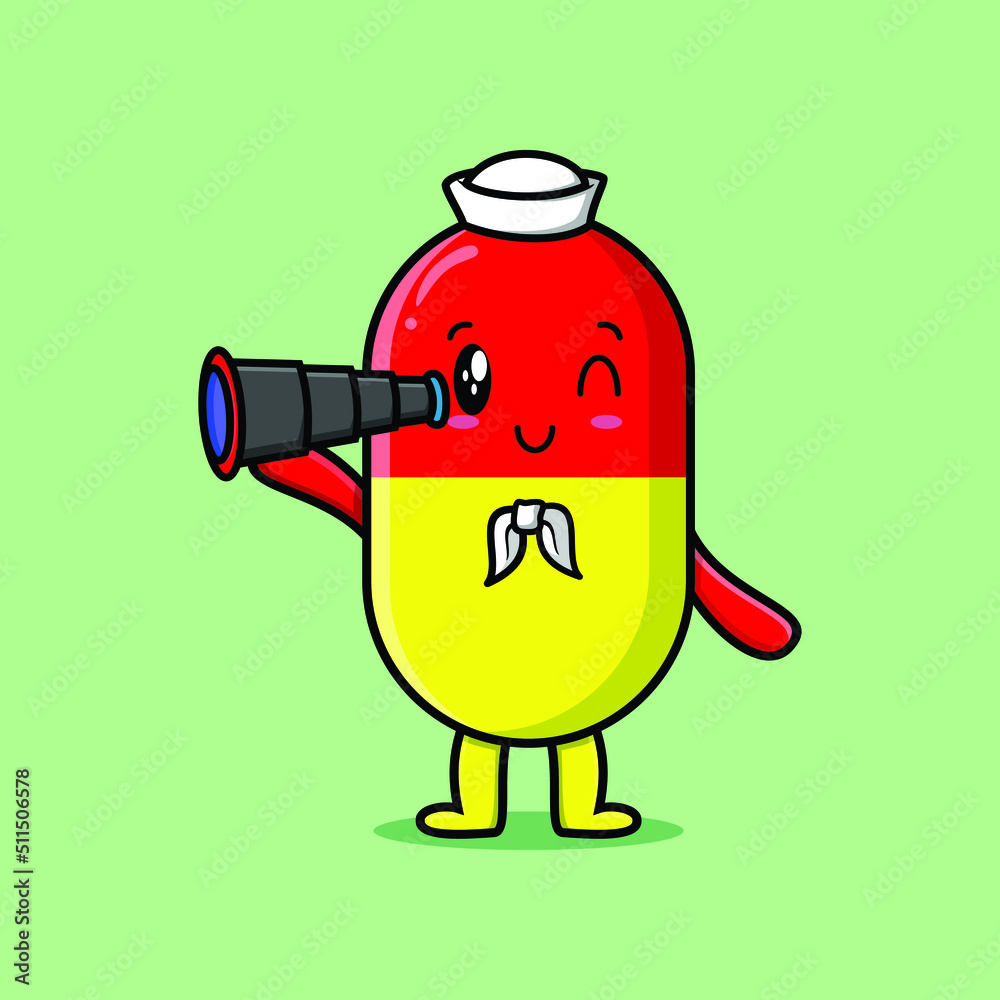 Cute cartoon capsule medicine sailor with hat and using binocular cute ...