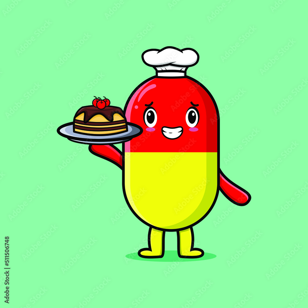 Cute Cartoon chef capsule medicine character serving cake on tray cute ...