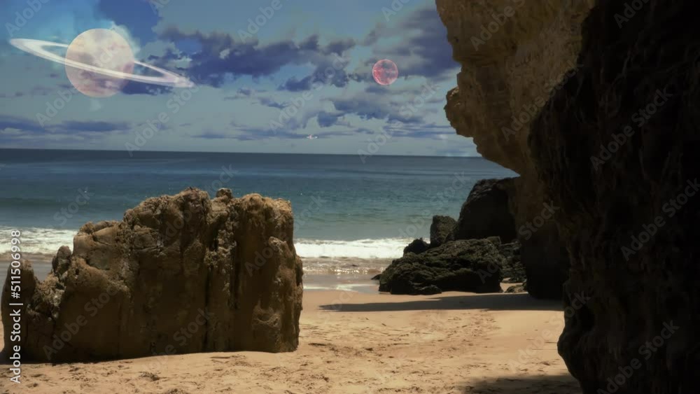 Vidéo Stock Planets In Ocean Sky Rocky Beach Shore Surreal Landscape ...
