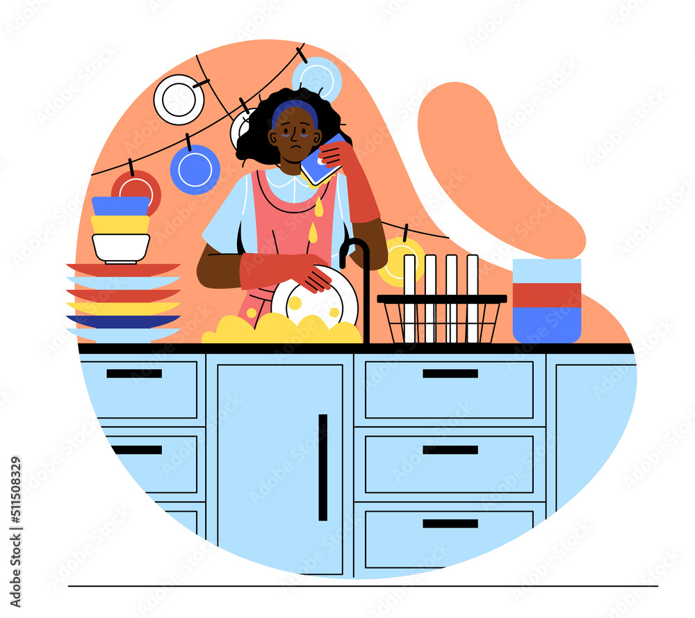 Women tired from housework. Girl with bags under her eyes washes dishes ...