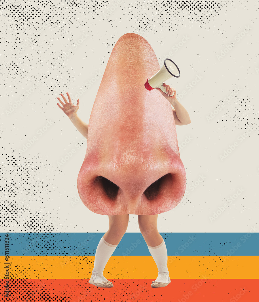Contemporary art collage, design. Inspiration, ideas. Huge human nose ...