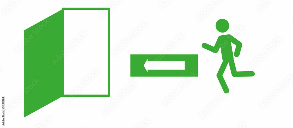 stick man, silhouette running to emergency exit, safety, green ...