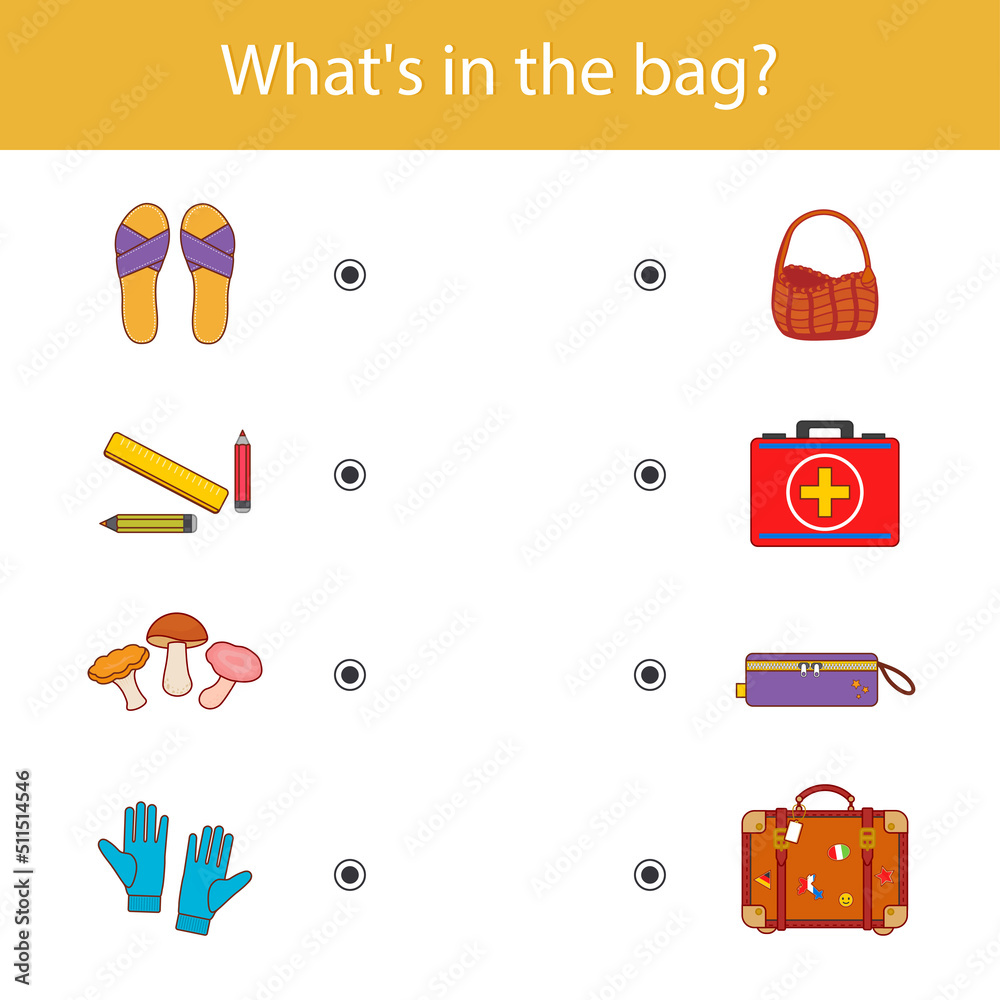 Game for children. Find a match. What can you put in your bag. Suitcase ...