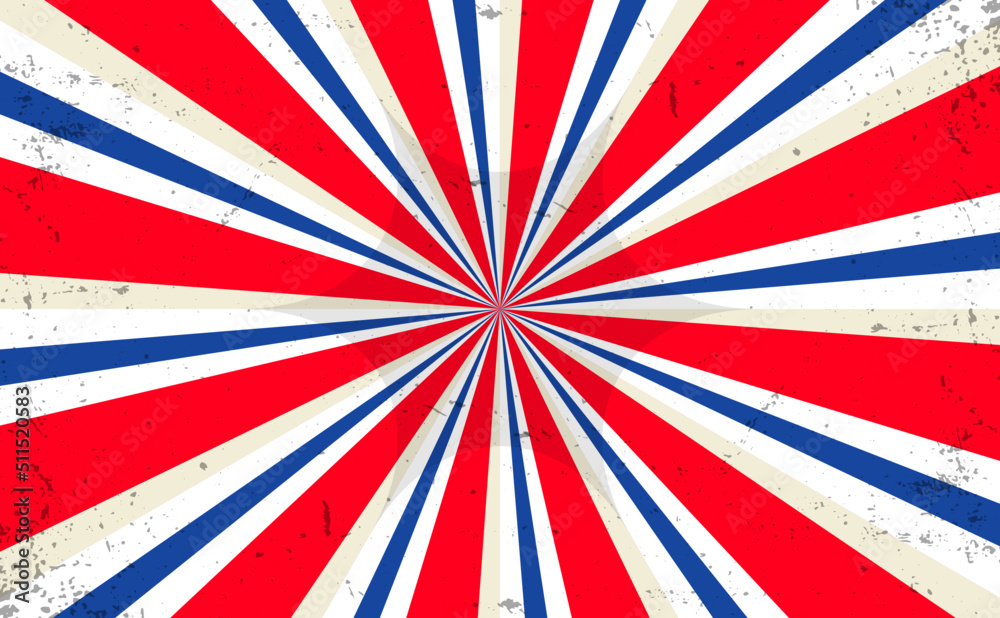 Red blue pop art vintage radial sunburst background banner with grunge ...