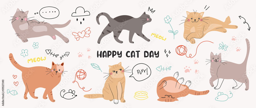 Cute cats and funny kitten doodle vector set. Happy international cat ...