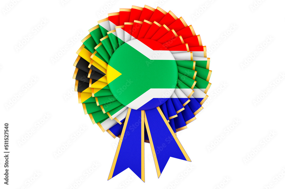 South African flag painted on the award ribbon rosette. 3D rendering ...