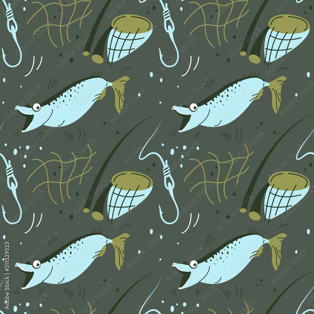 Seamless pattern with freshwater fishing tackle set. Cheerful pike and ...