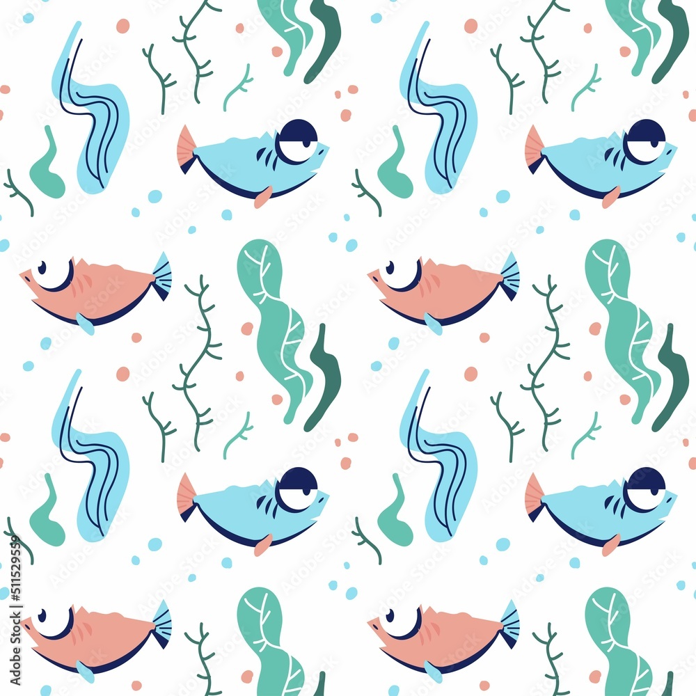 Seamless pattern with cartoon illustration of a flock of fish in ...