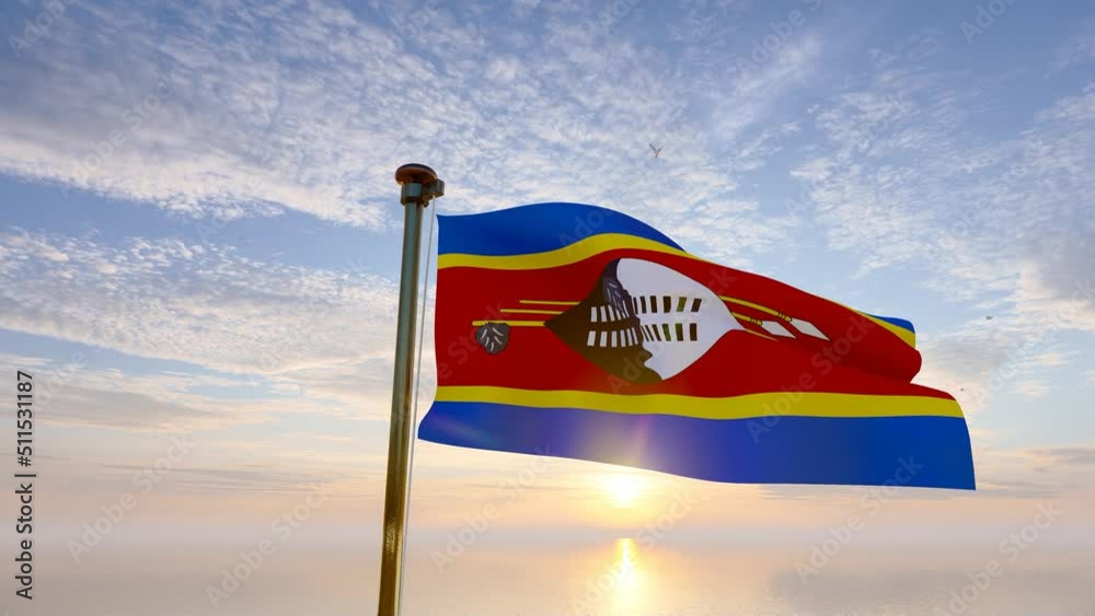 Flag of Eswatini waving in the wind, sky and sun background video ...