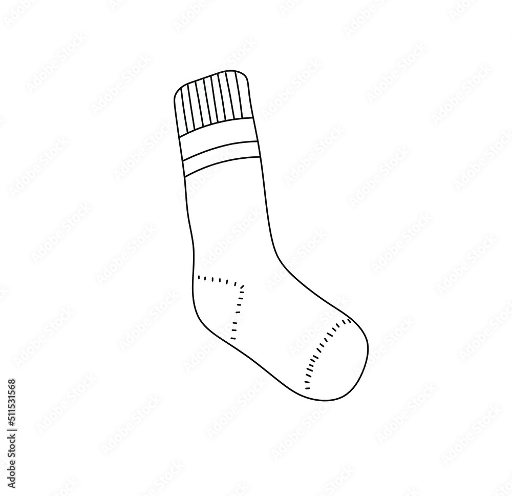 Vector isolated one white sock colorless black and white contour line ...