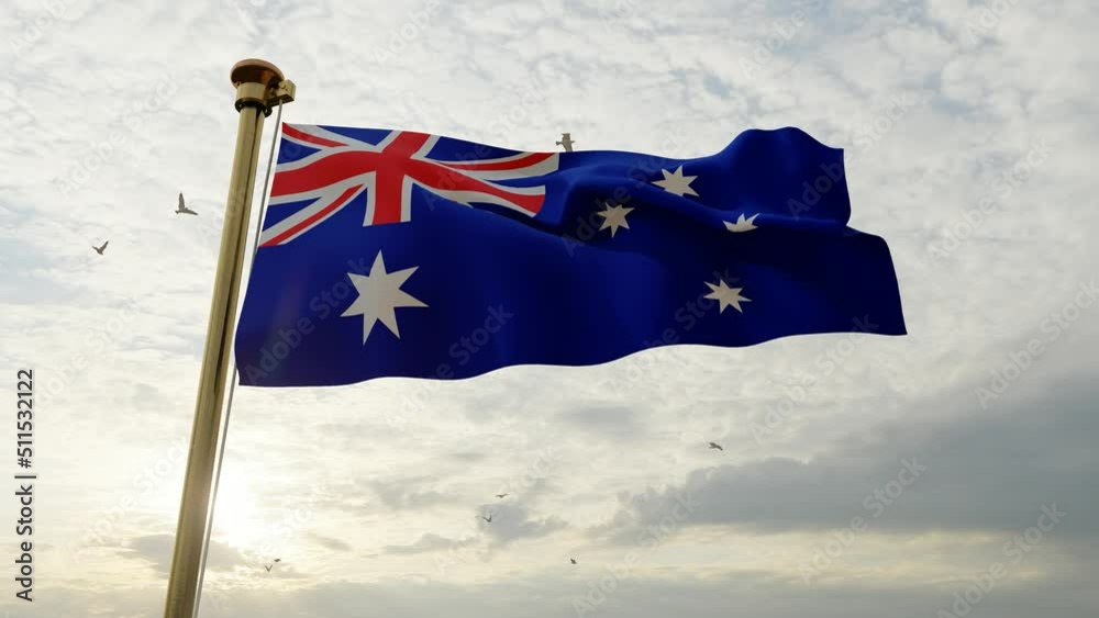 Flag of Australia waving in the wind, sky and sun background. Australia ...
