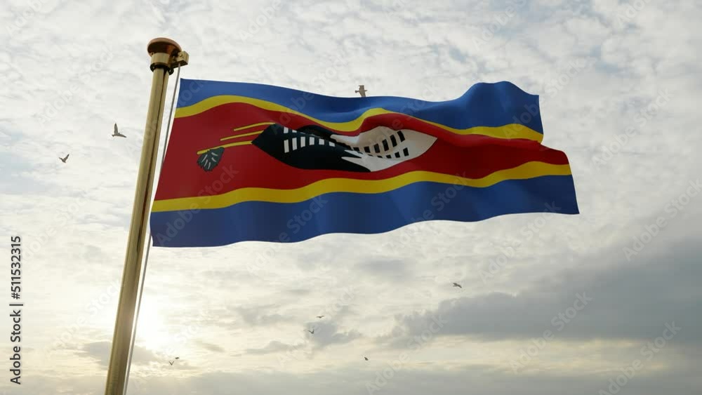 Flag of Eswatini waving in the wind, sky and sun background video ...