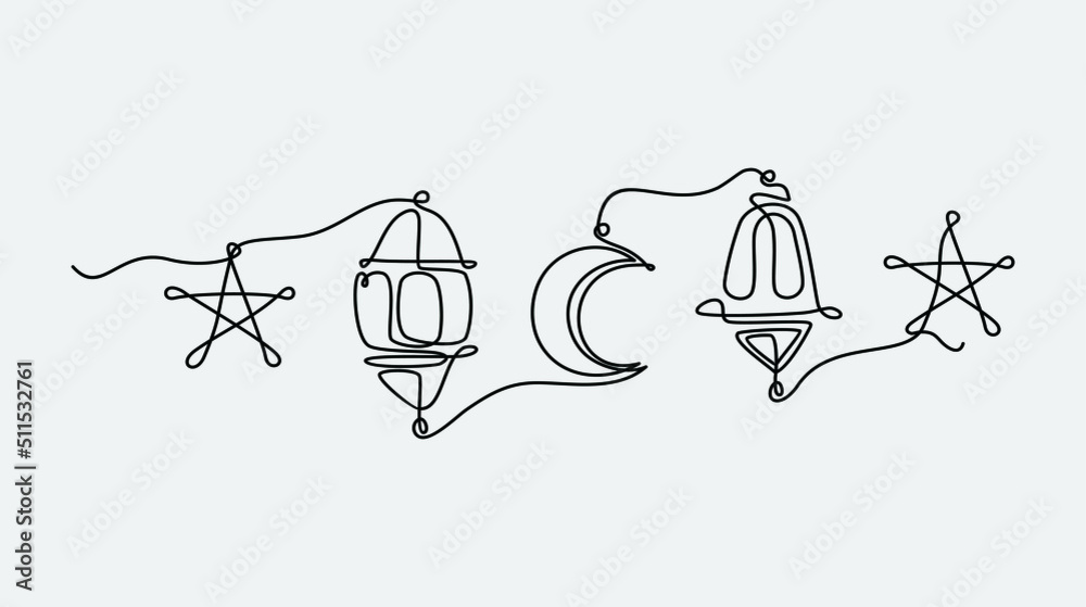 Lantern, half moon and star. one continuous line drawing on white ...