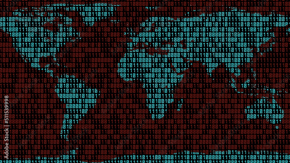 Binary code. Zeros and ones in the form of a map of the world. Global programming concept ...
